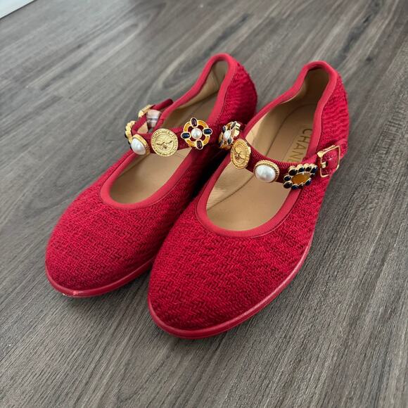 CHANEL | Shoes | Chanel 24a Red Gold Charms Tweed Mary Jane Flats 36 ...